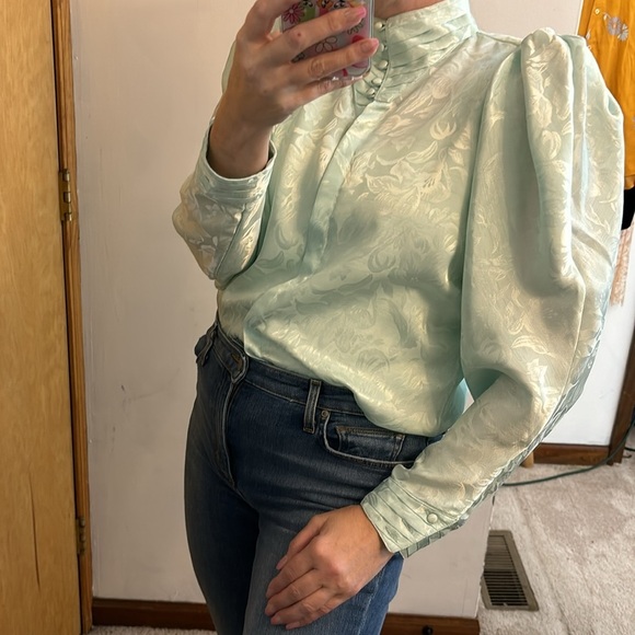 Susan Hutton | Tops | Susan Hutton Satin High Neck Puff Shoulder Poet ...